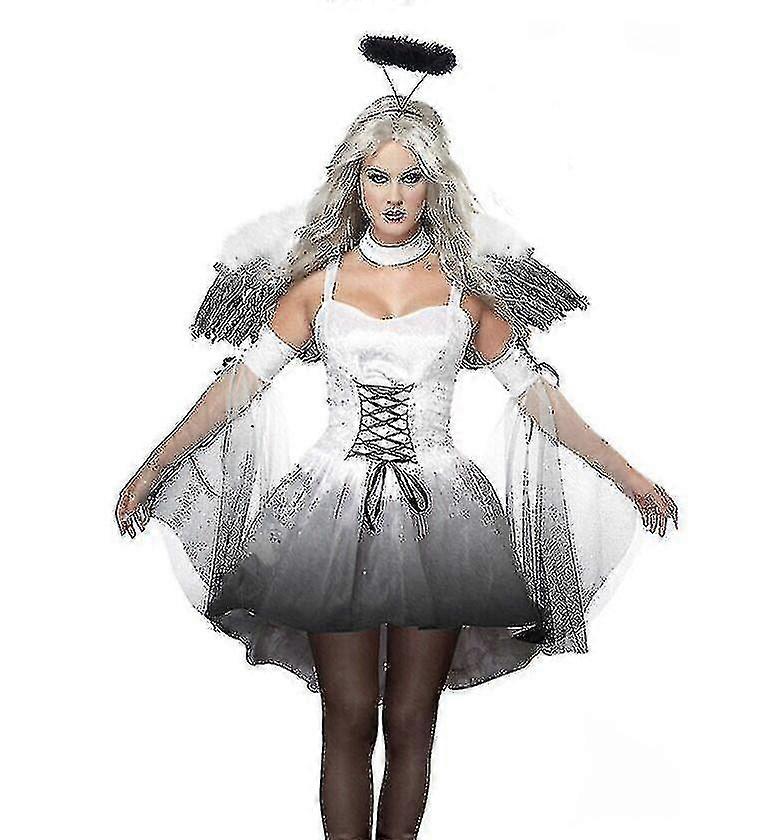White Black Fallen Angel With Halo And Wings Sets Fantasy For Adult Women Party Fancy Dress ...