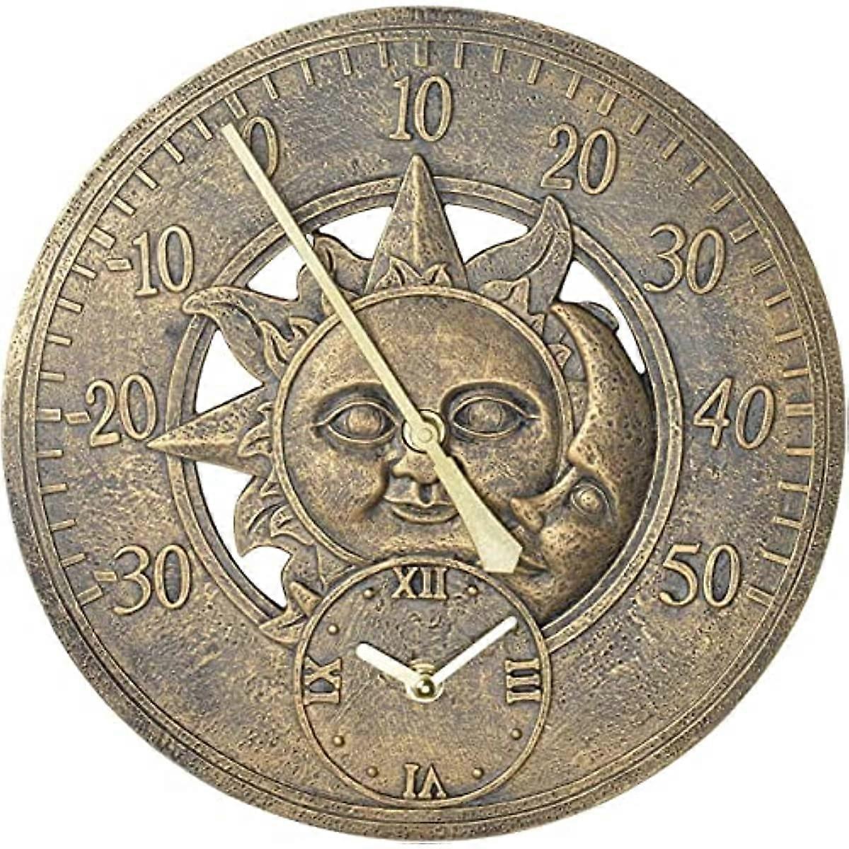 Garden Thermometer Clock Analogue Wall Bronze Sun & Moon 30cm Clock ...