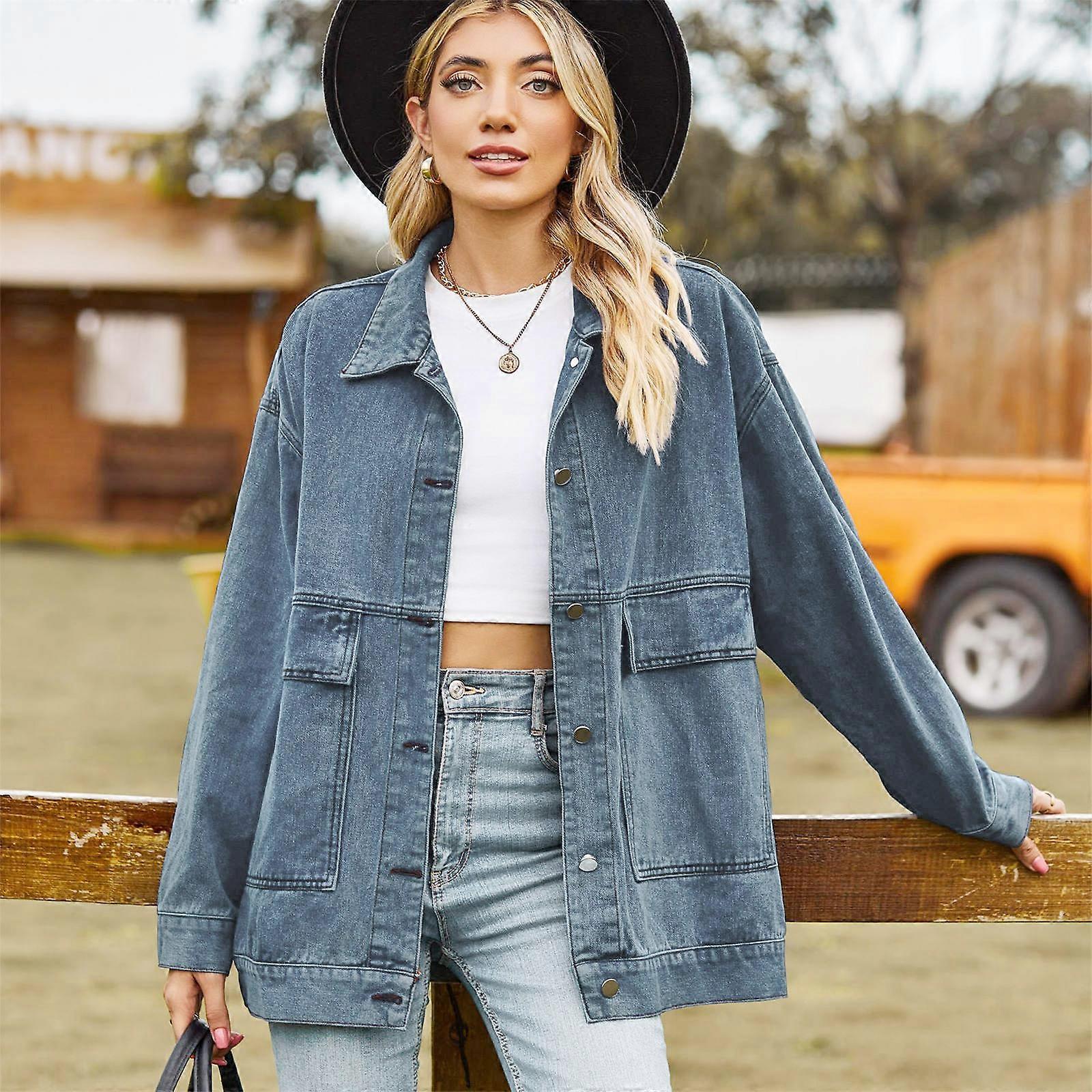 Women's Oversized Jean Jacket Fashion Boyfriend Button Down Washed ...