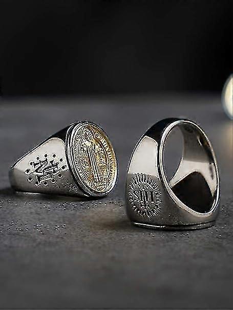 Two Tone Titanium Stainless Steel Catholic St Benedict Medal Cross Ring for Men Women | Fruugo UK