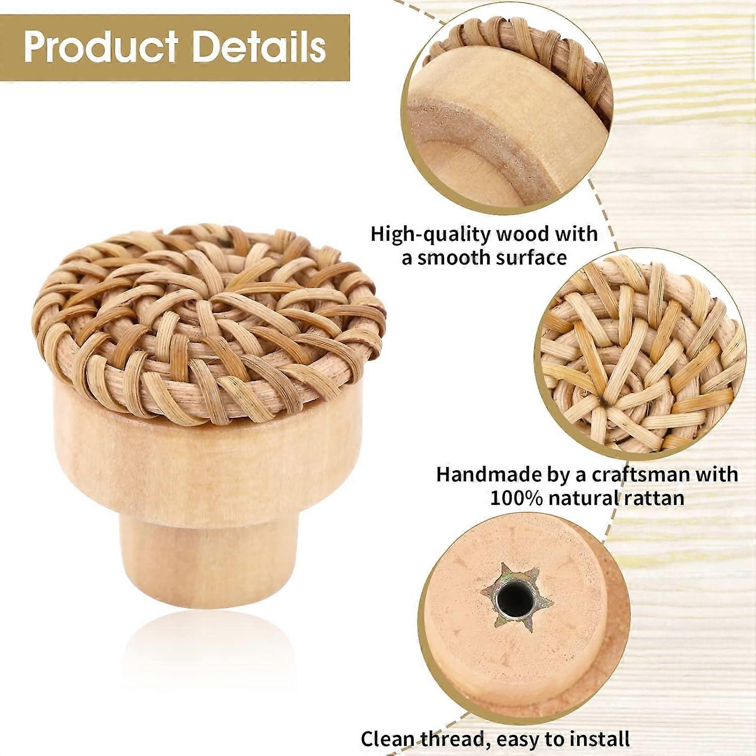 5 Pack Boho Rattan Drawer Knobs, Round Wood Drawer Knobs Handmade Woven ...