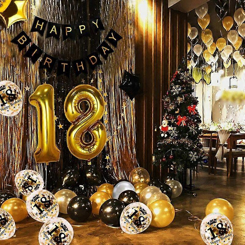 18 år deco fødselsdag Sort guld, tillykke med fødselsdagen banner ...