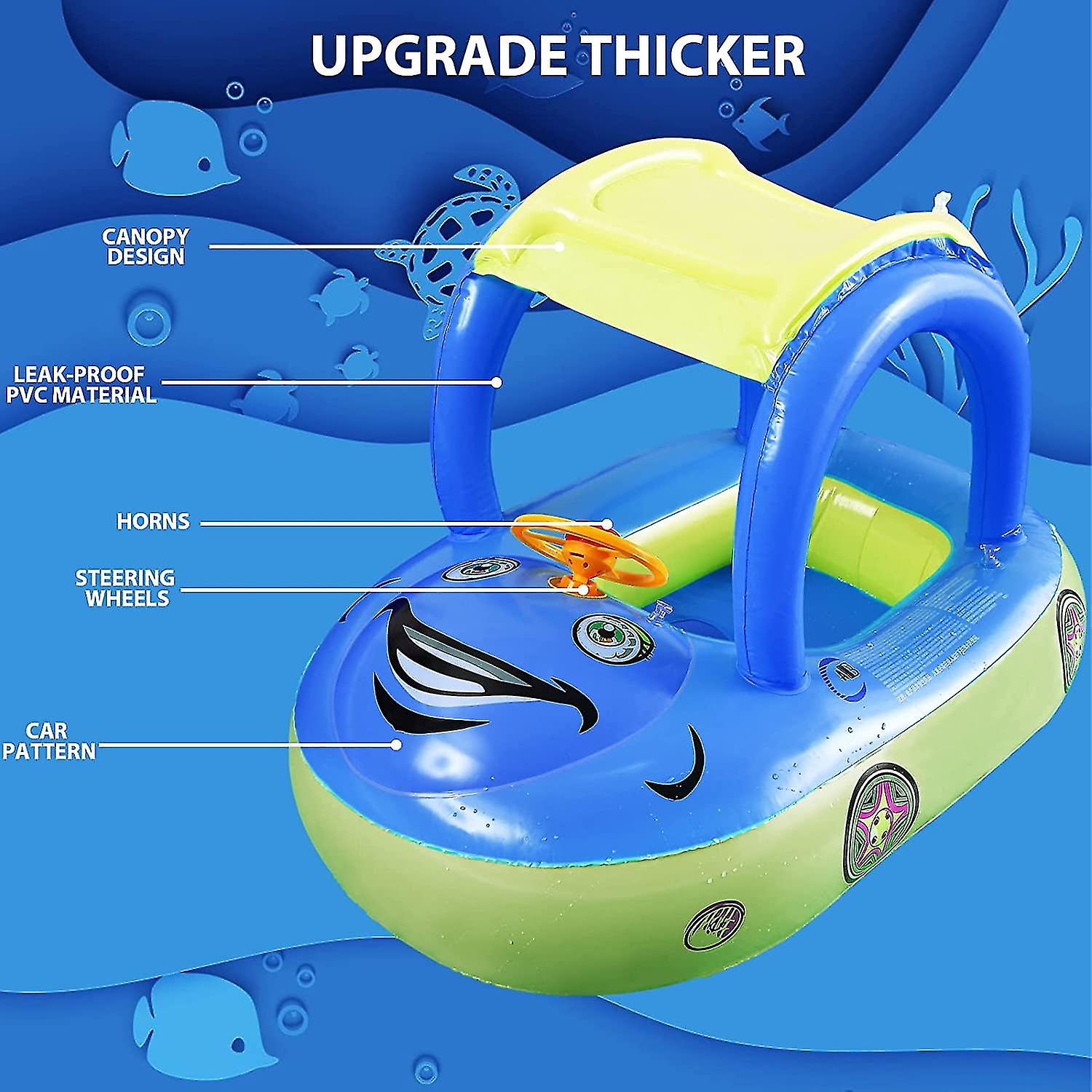 Baby Inflatable Pool Float With Canopy, Car Shaped Swim Float Boat For Infant Toddler Kids ...