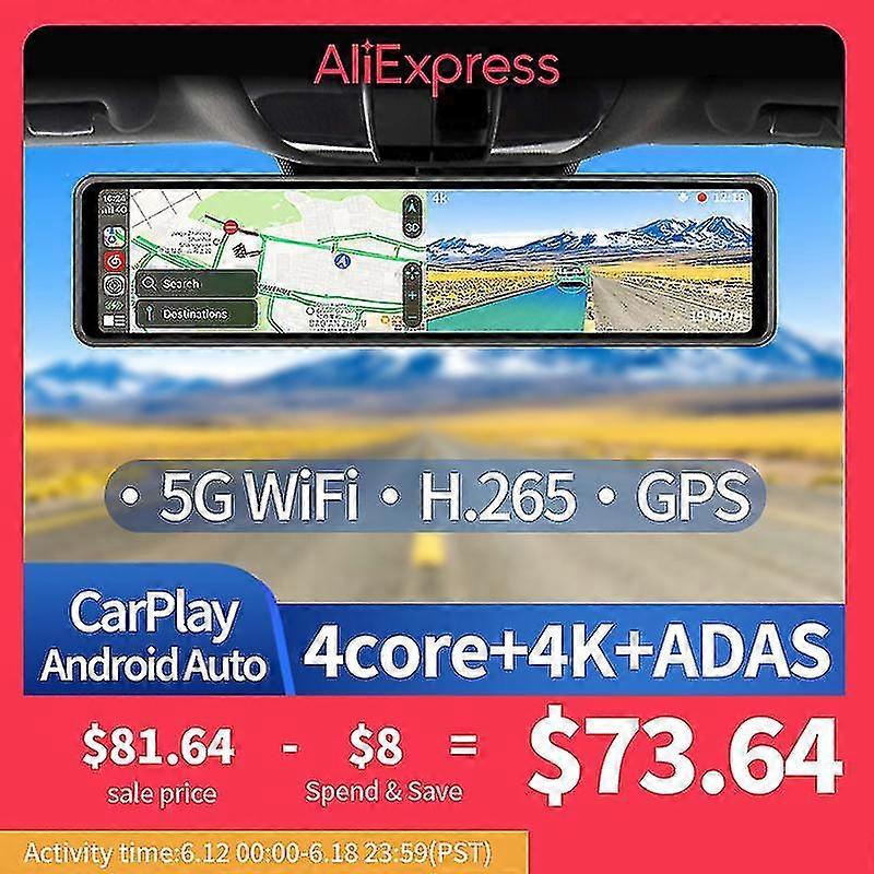 12 Inch Dash Cam Rearview Mirror Camera Carplay Android Auto Adas Car Dvr 5g Wifi Fm Gps ...