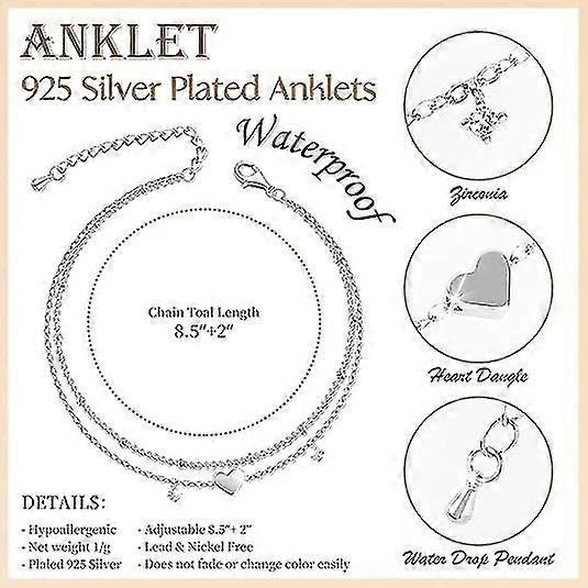 Sterling Silver Anklet Bracelets, 925 Sliver PlatedCharm Dainty Layer ...