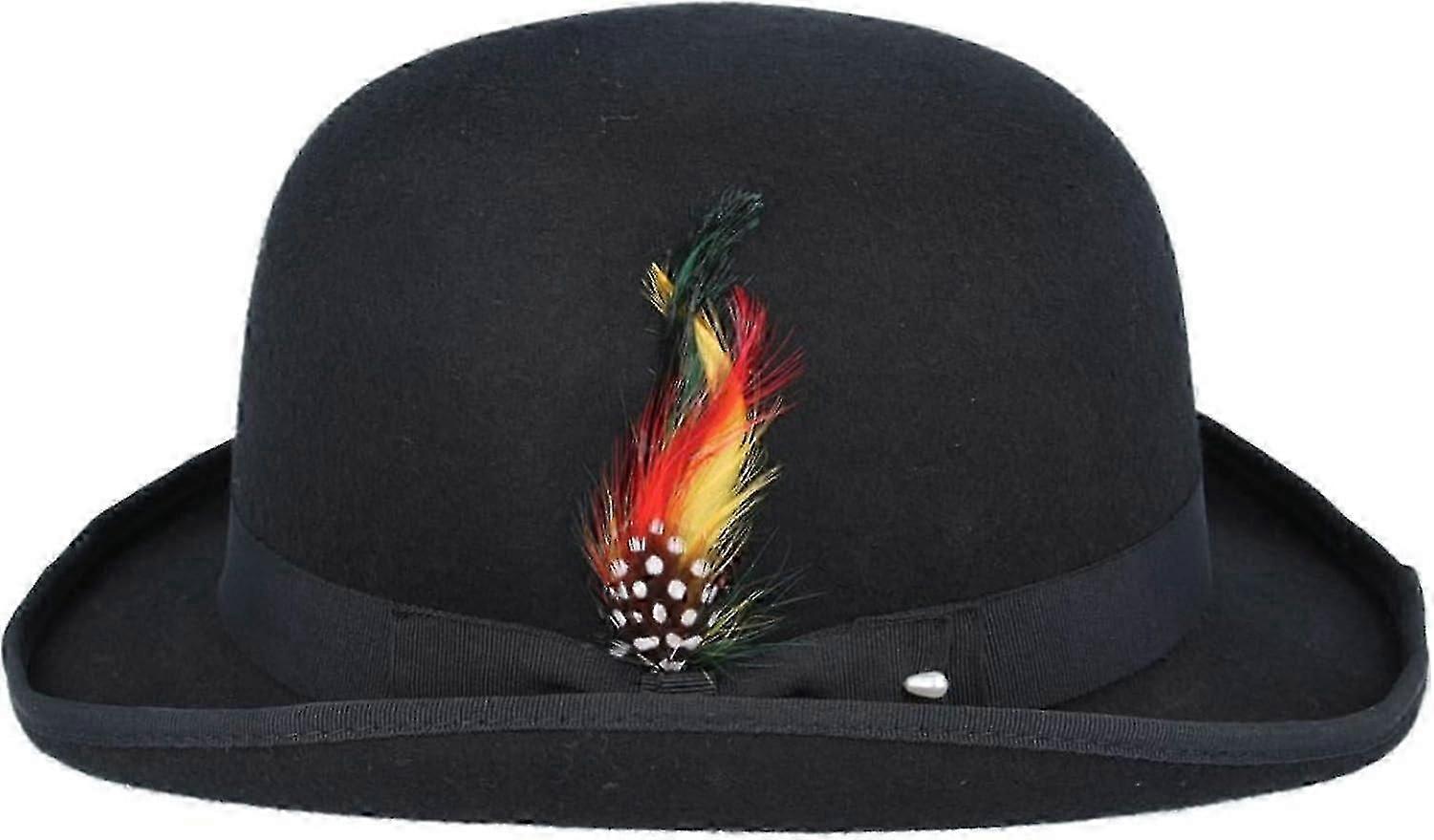 Unisex Hard Top Wool Bowler Hat With Feather Satin Lined Sizes S To Xl ...