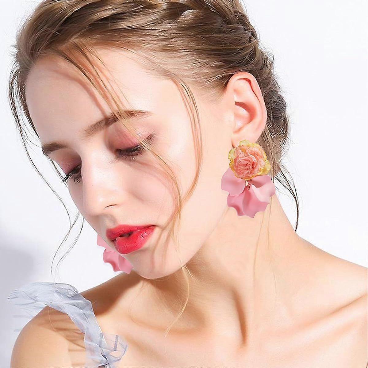Chiffon Acrylic Rose Petal Earrings Dangle Exaggerated Flower Earrings ...