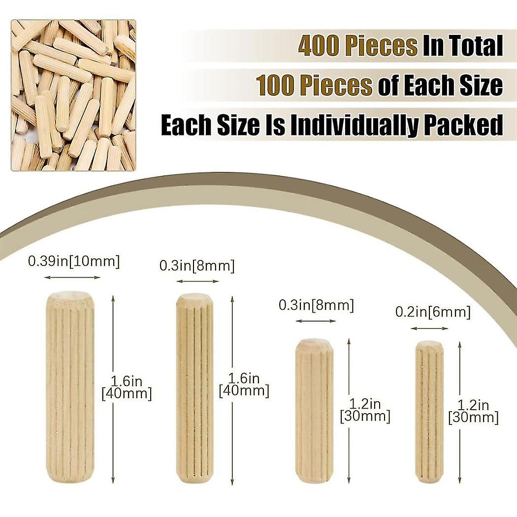 400 Pieces Wooden Dowel Pins, Straight Grooved Wood Dowel Rods, Fluted Dowel Plugs With Beveled ...