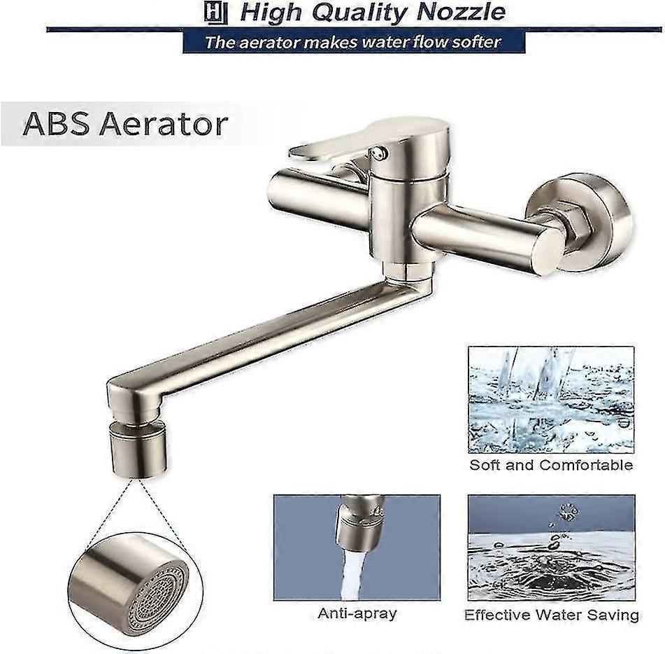 Wall Mounted Kitchen Tap With 2 Jets Sink Mixer Tap 360 Swivel Wall ...