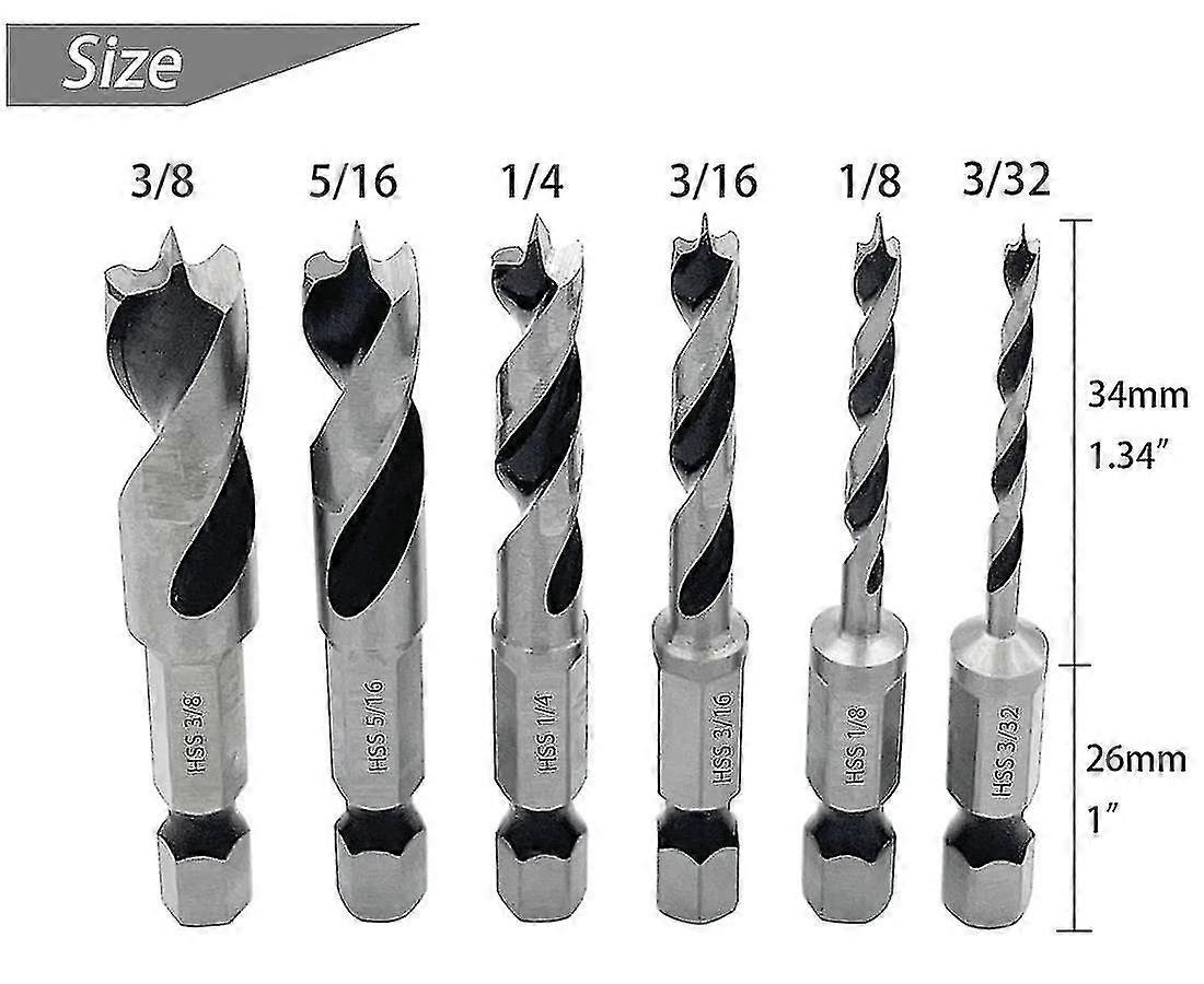 6pcs 1/4" Quick Change Hex Shank Wood Brad Point Stubby Short Drill Bit Set Hss 4241 Woodworking ...
