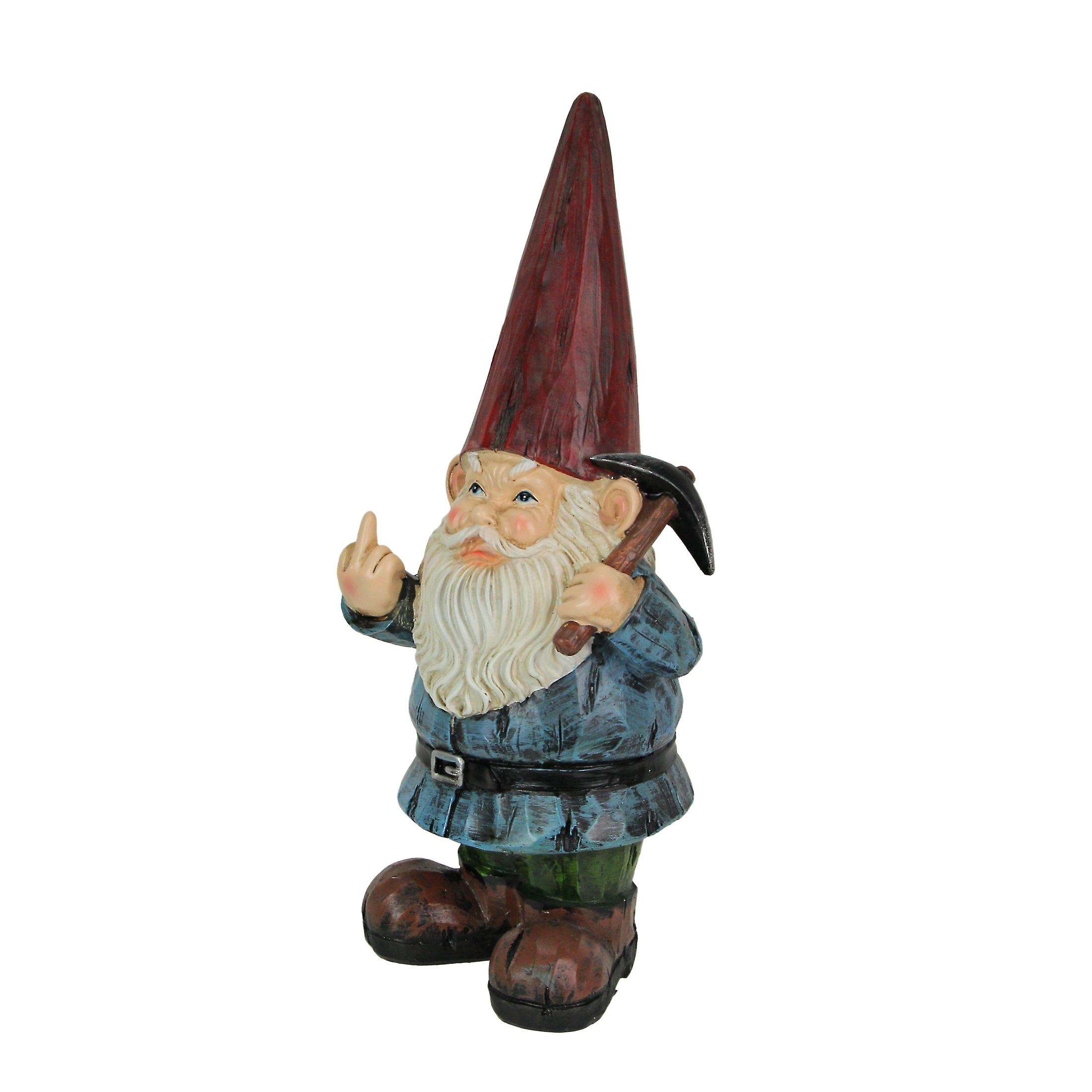 12 Inch Grumpy Gnome Holding Pick Axe Garden Statue - Rude Hand Gesture ...
