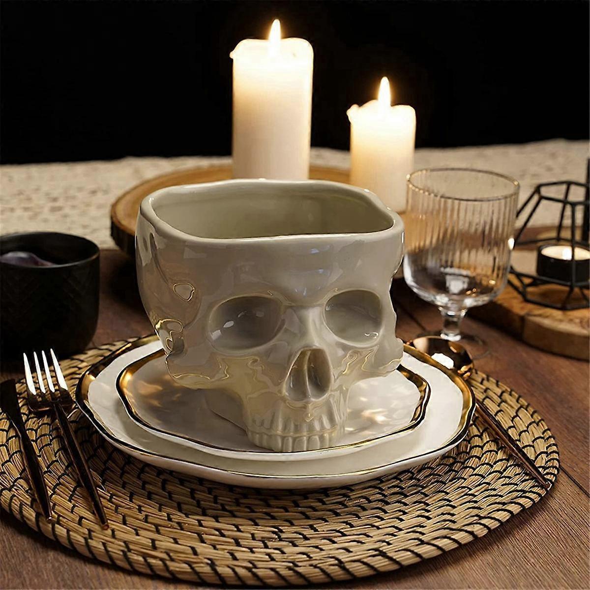 Retro Tabletop Decor Porcelain Gothic Skull Pasta Bowl Halloween ...