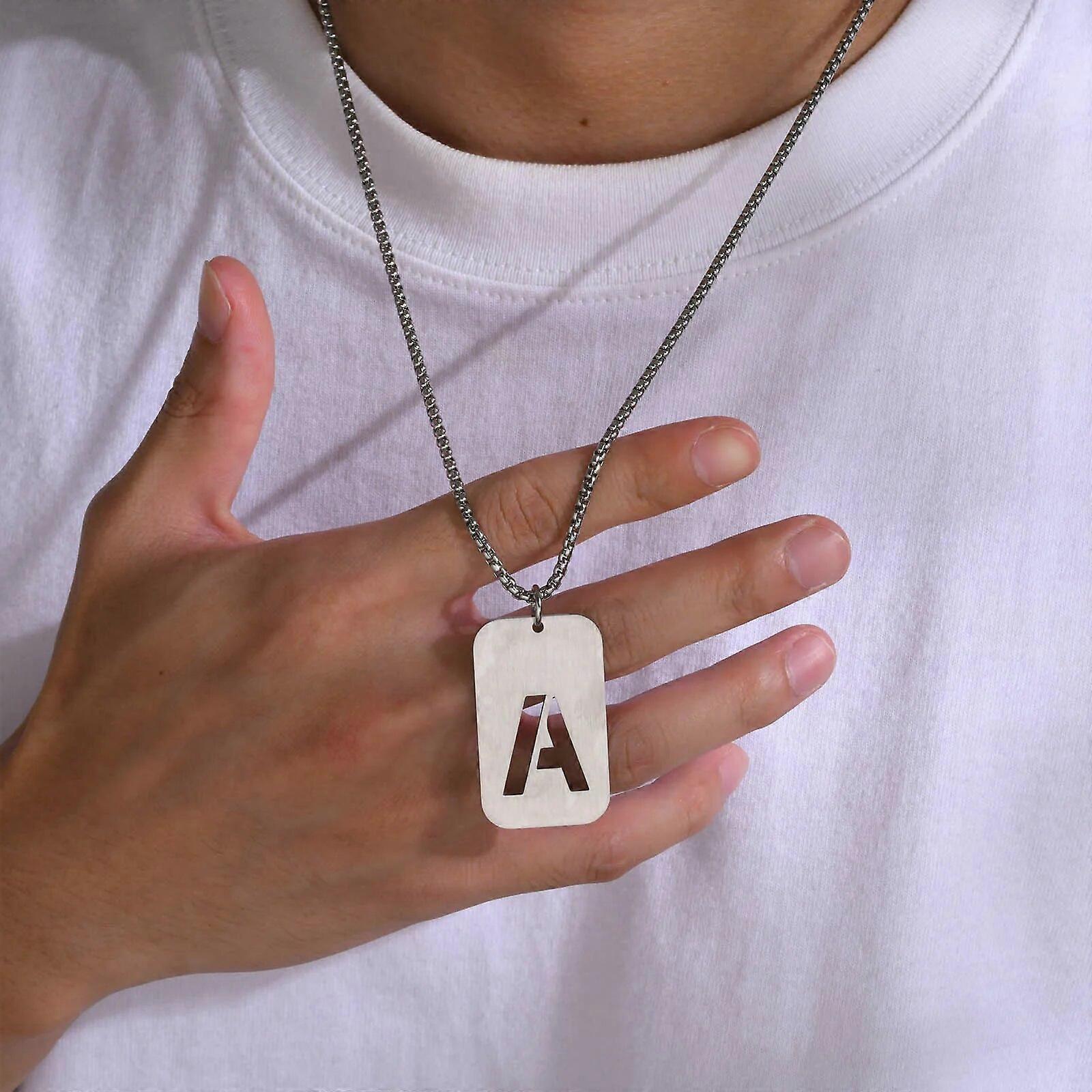 Stainless Steel Initial Necklace for Men and Women, Square Dog Tag ...