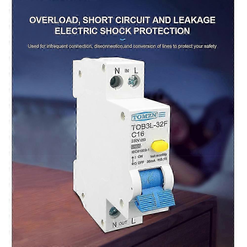 TOMZN 18MM 230V RCBO 1P+N 6KA Residual Current Differential Automatic Circuit Breaker with over ...
