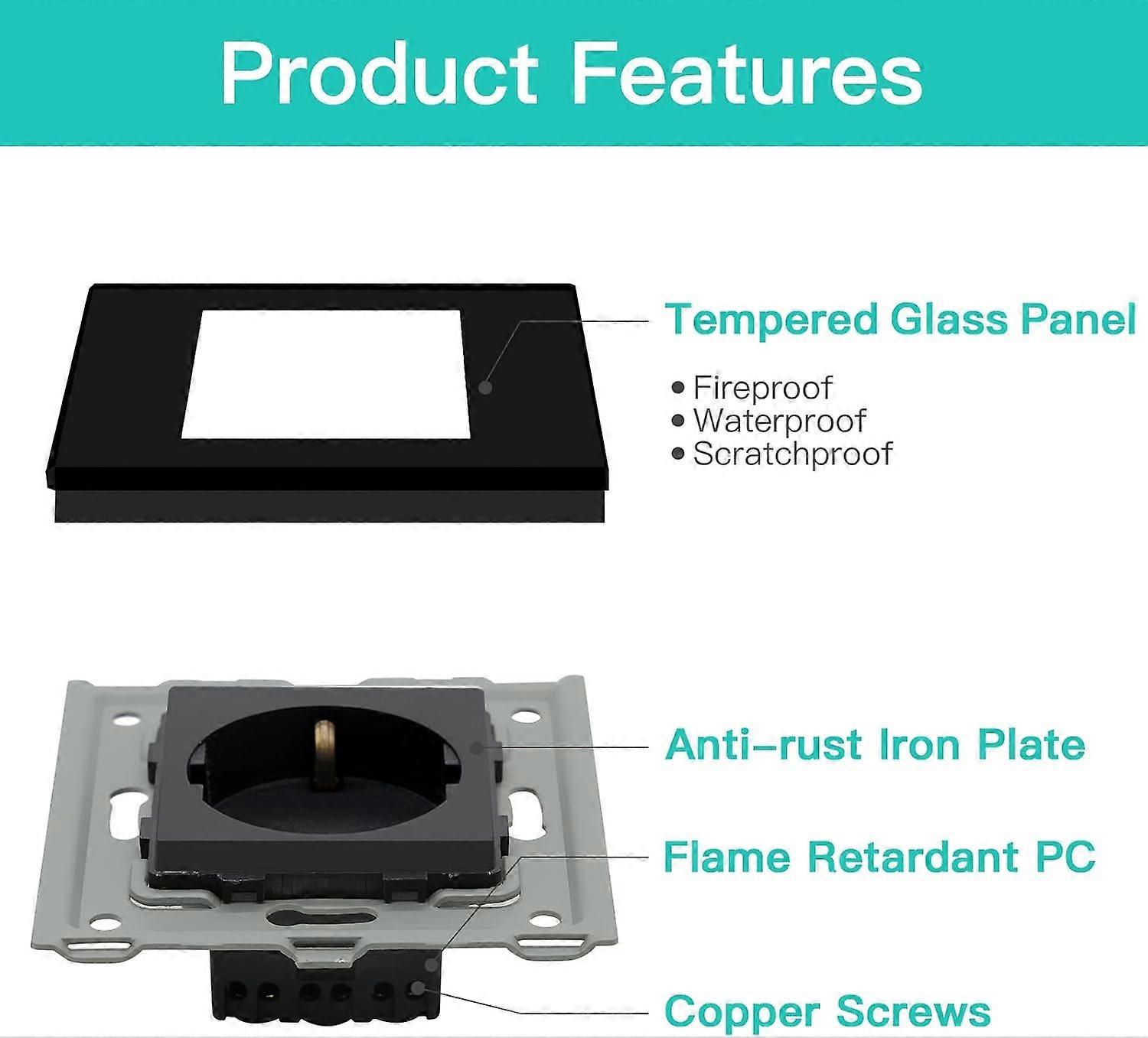 Socket, 1-compartment flush-mounted socket, black crystal glass wall ...