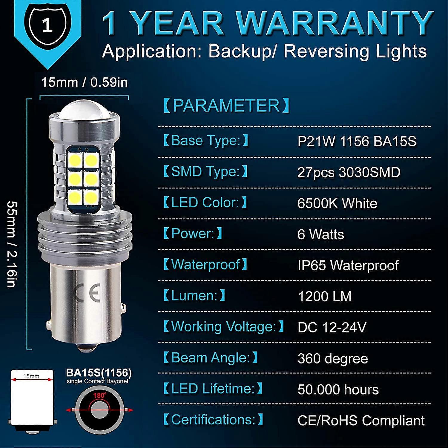 1156 P21w Ba15s 12v-24v LED Car Bulb, 1200 Lumen White 6500K, With HD lens, Used in taillights ...