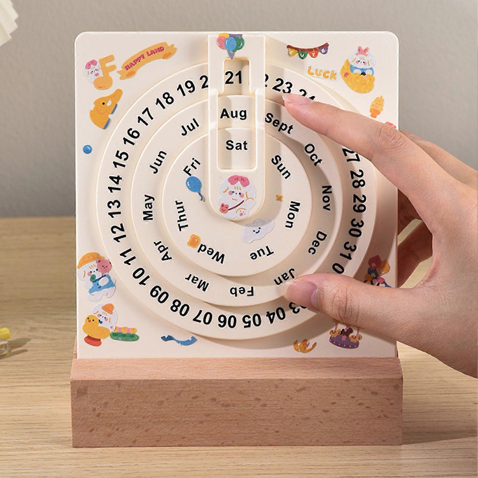Perpetual Calendar Small Rotating Desk Circular Calendar with Wooden ...