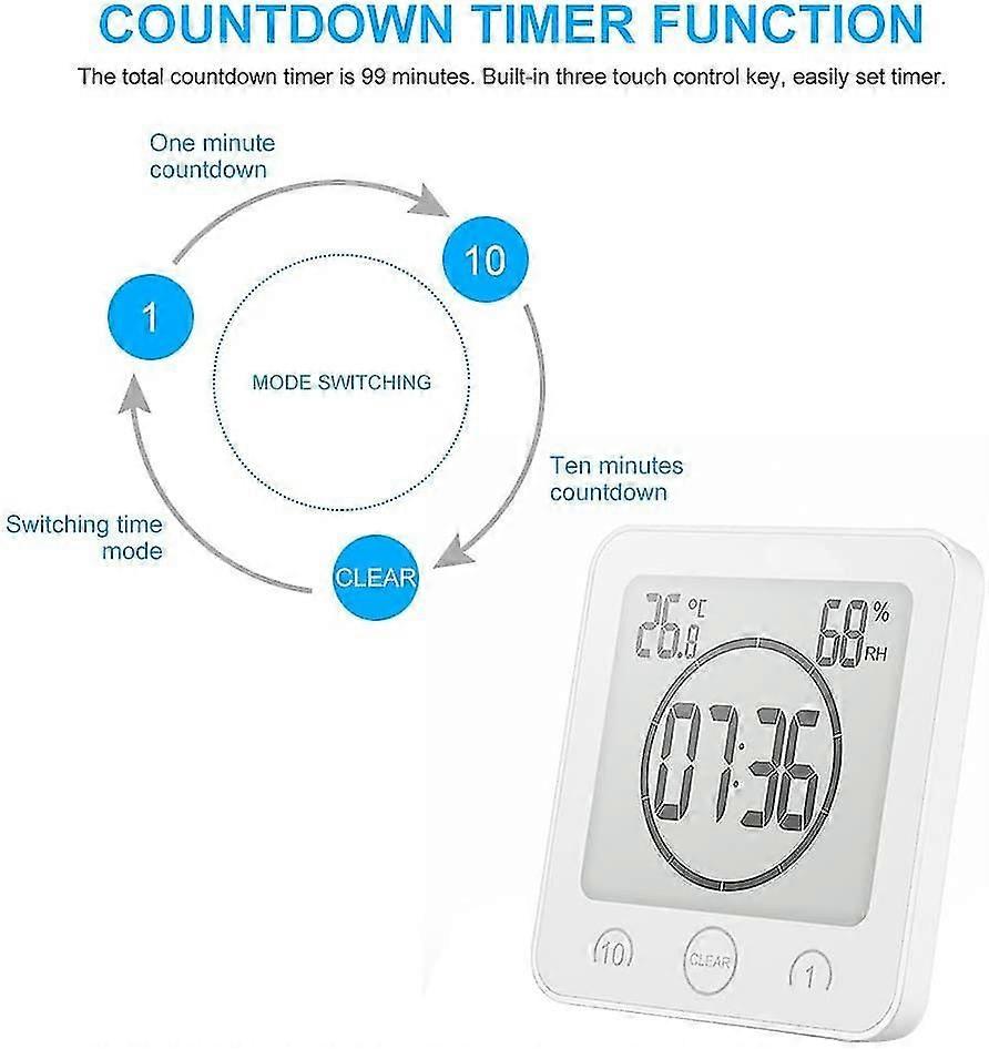 Bathroom Clock, Lcd Digital Alarm With Waterproof Touch Shower Clock, Temperature Humidity ...