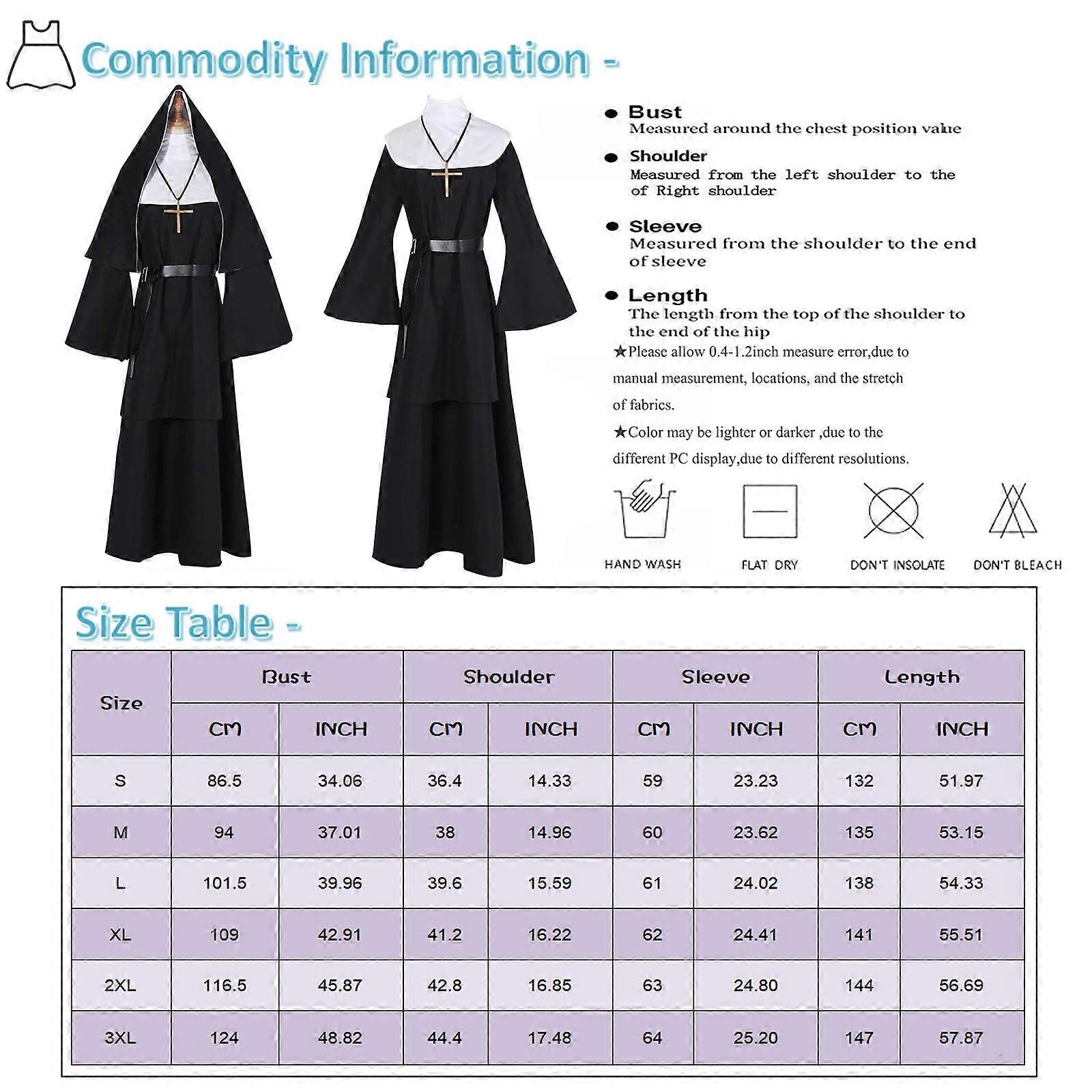 Halloween Nun Cosplay Costume 4-Pieces Set Nun Costume + Cape + Belt ...