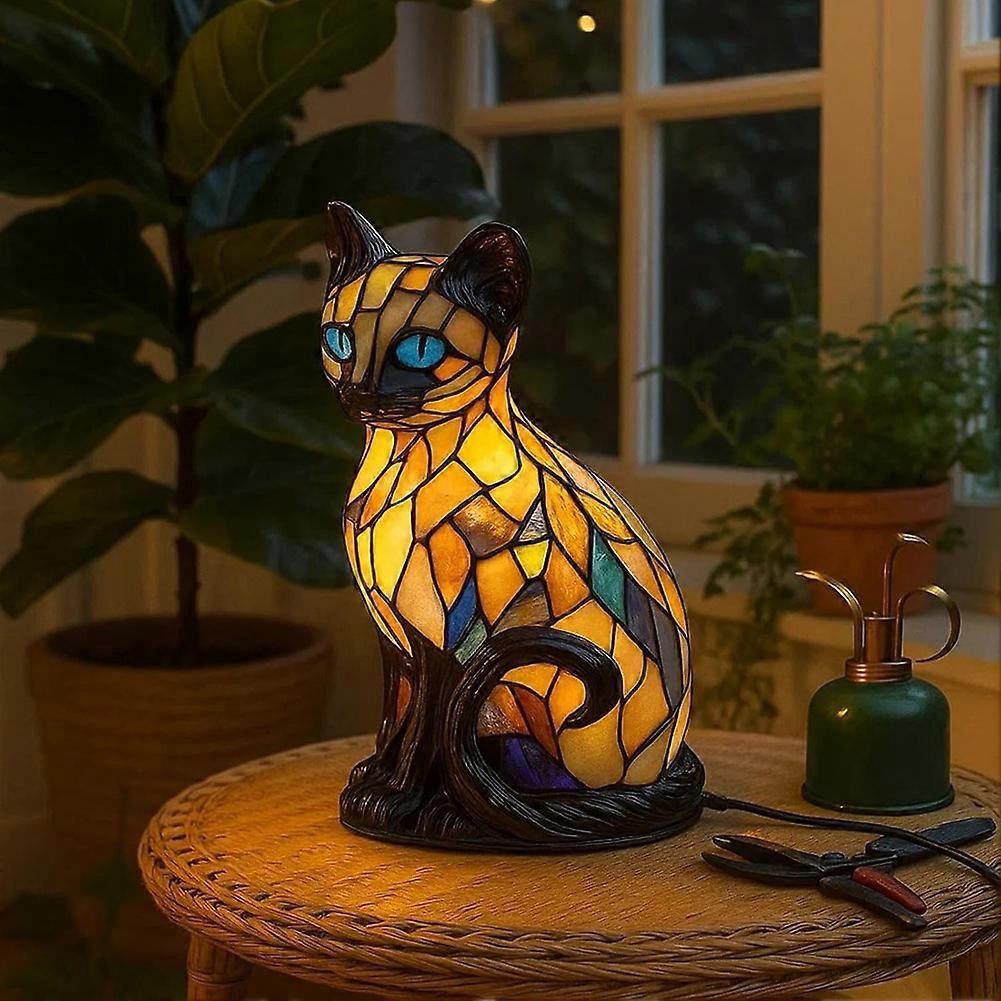 Stained Glass Cat Lamp Cute Cat Resin Night Light LED Bedside Lamp for ...
