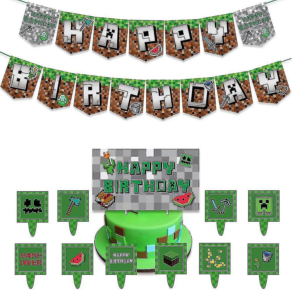 Minecraft Game Theme Balloons Banner Cake Topper Ribbon Set Birthday ...