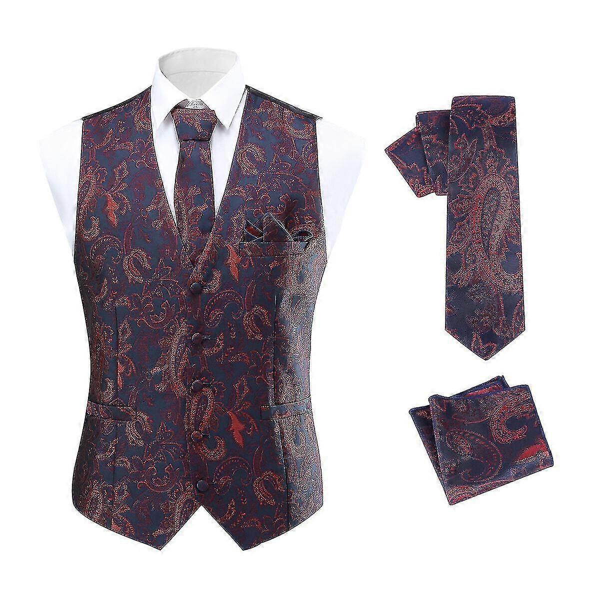 VAWAN Mens 3-Piece Vest Tie Set Wedding Paisley Jacquard Suit Vests&Tie ...