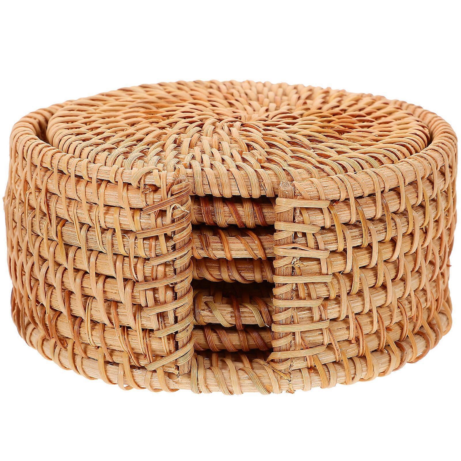 1 Set of Round Rattan Coaster Natural Rattan Woven Coasters Rustic Cup ...