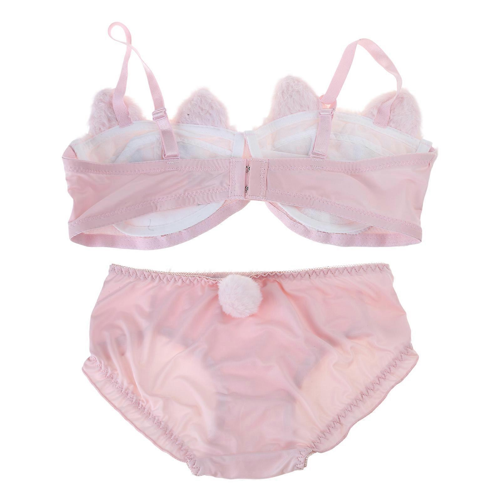 Women Cartoon Cats Ears 2Pcs Plush Bra and Panty Set Adjustable Strap ...
