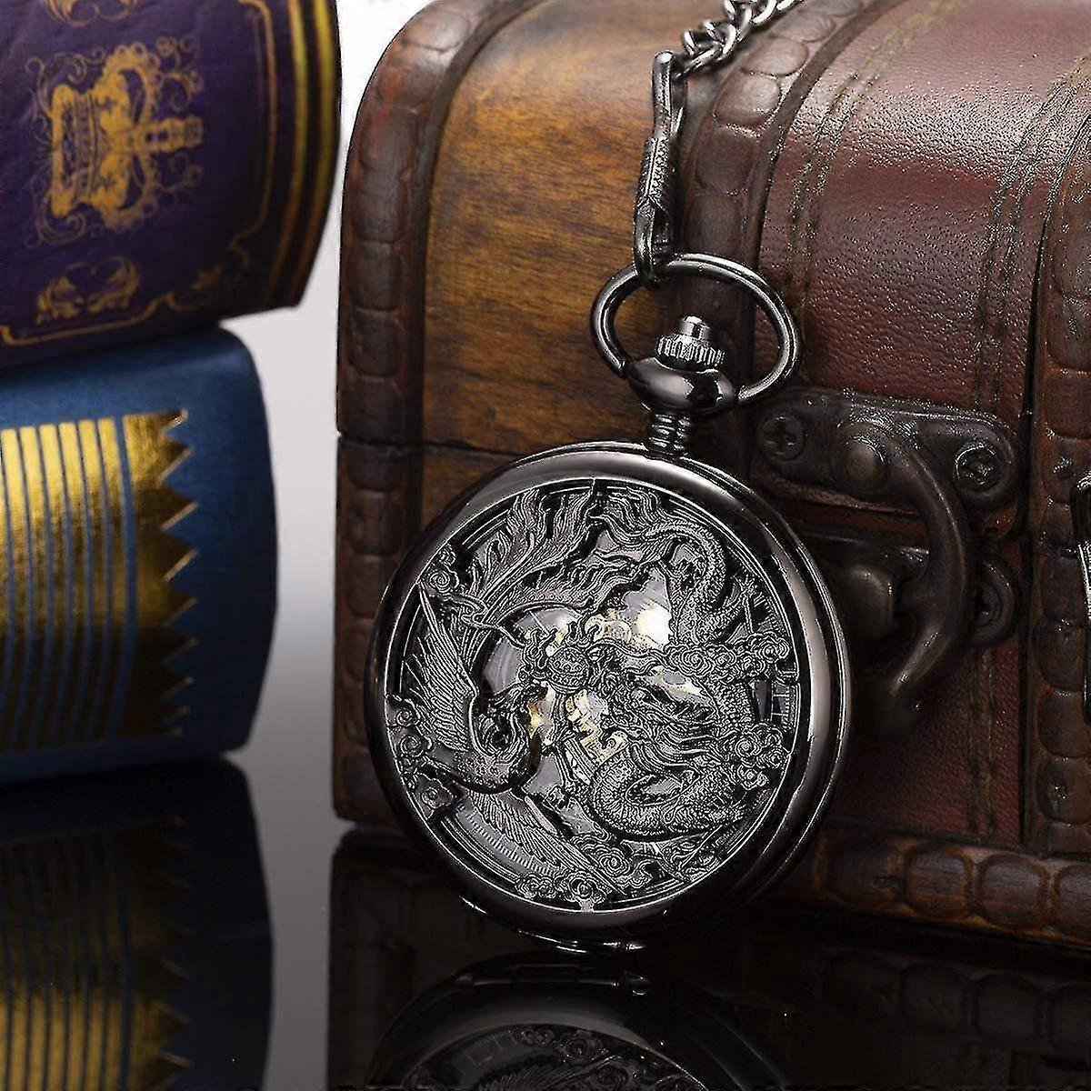 Retro Men's Pocket Watch With Chain Analogue Manual Winding Dragon ...