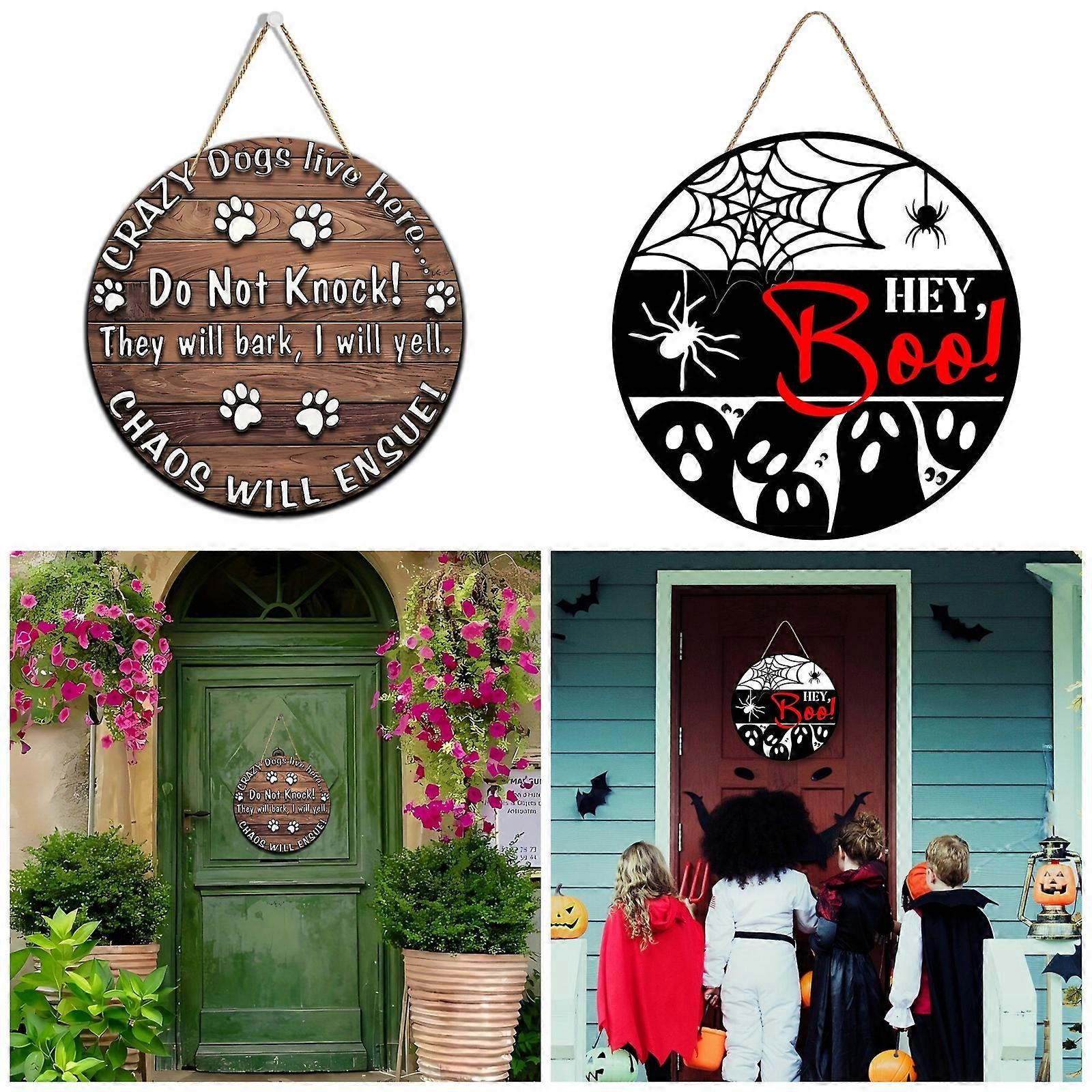 Boo Wood Round Sign Funny Ghoslty Pattern Halloween Themed Wall Hanging ...