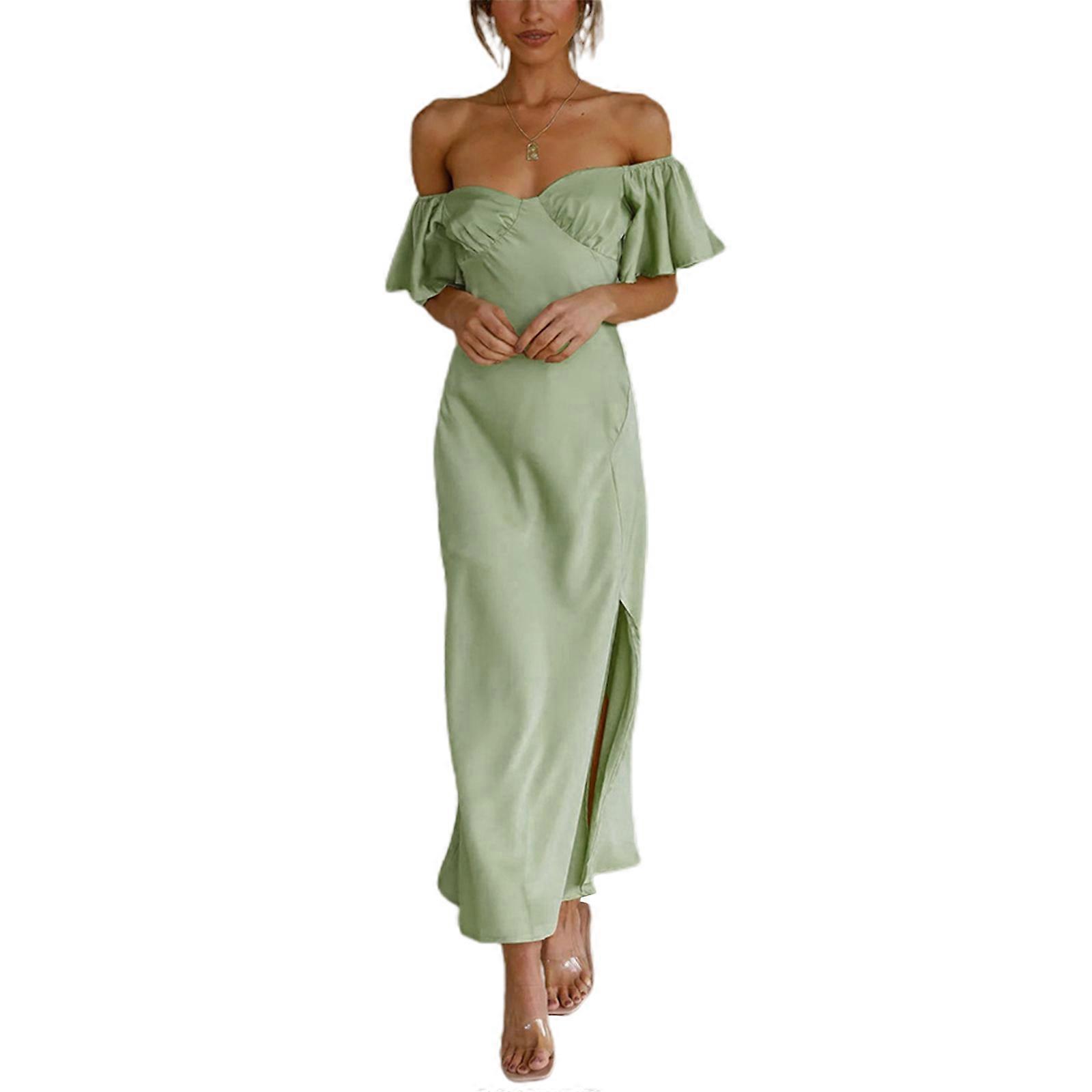 Kvinder Split Midi Kjole Mode Off Shoulder Kjole Helfarve Satin Kjole Kvinde Ferie Kjole Sommer ...