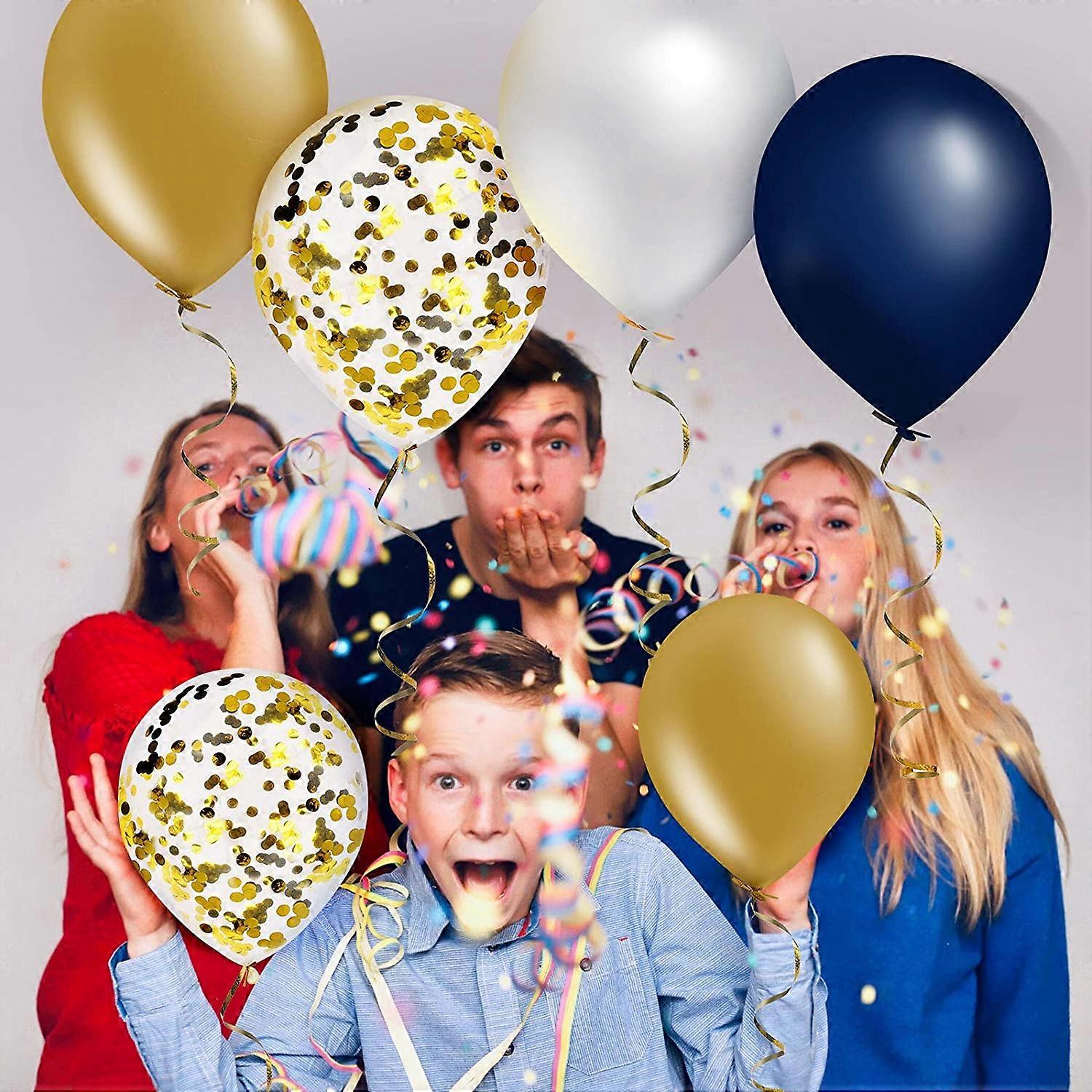 60PCS Navy Blue and Gold Confetti Balloons, Premium 12inch Pearl White and Gold Metallic Chrome ...