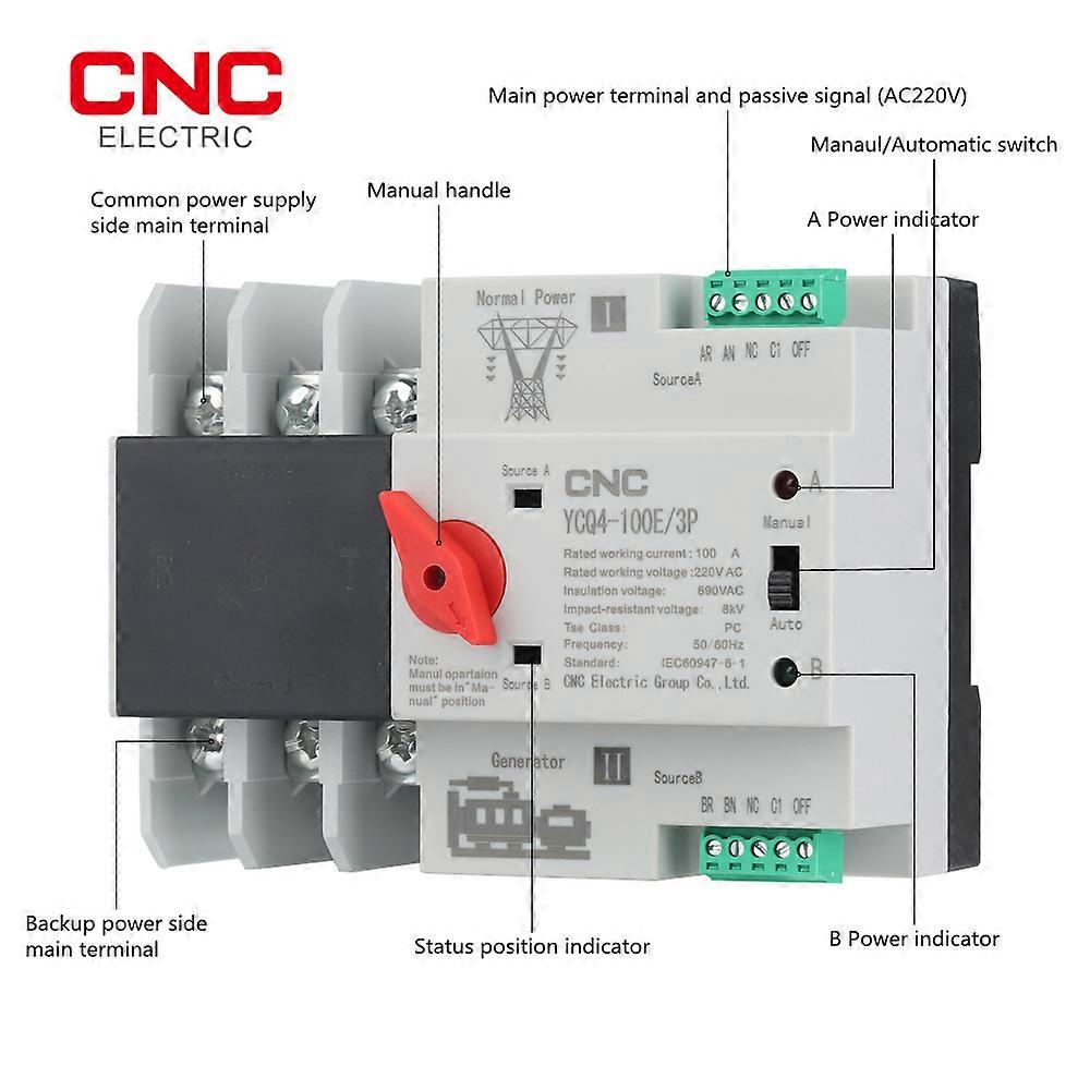 CNC YCQ4-100E Series 2P 3P 4P Din Rail ATS Dual Power Automatic Transfer Switch Electrical ...