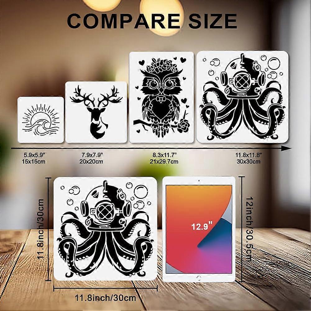 4Pcs Sea Ocean Creatures Stencils Mermaid Moon Waves Lighthouse Stencil 11.811.8inch with Paint ...