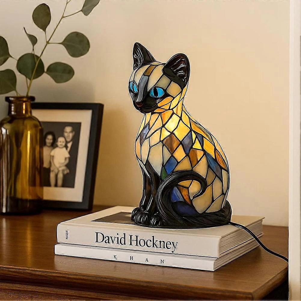 Stained Glass Cat Lamp Cute Cat Resin Night Light LED Bedside Lamp for ...