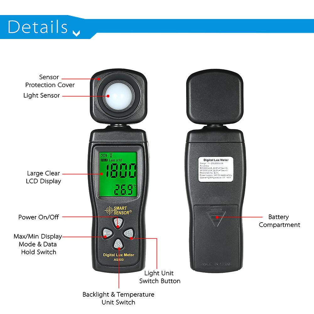 As803 Handheld Digital Lux Meter Luminance Tester Light Meter 1-200000 ...