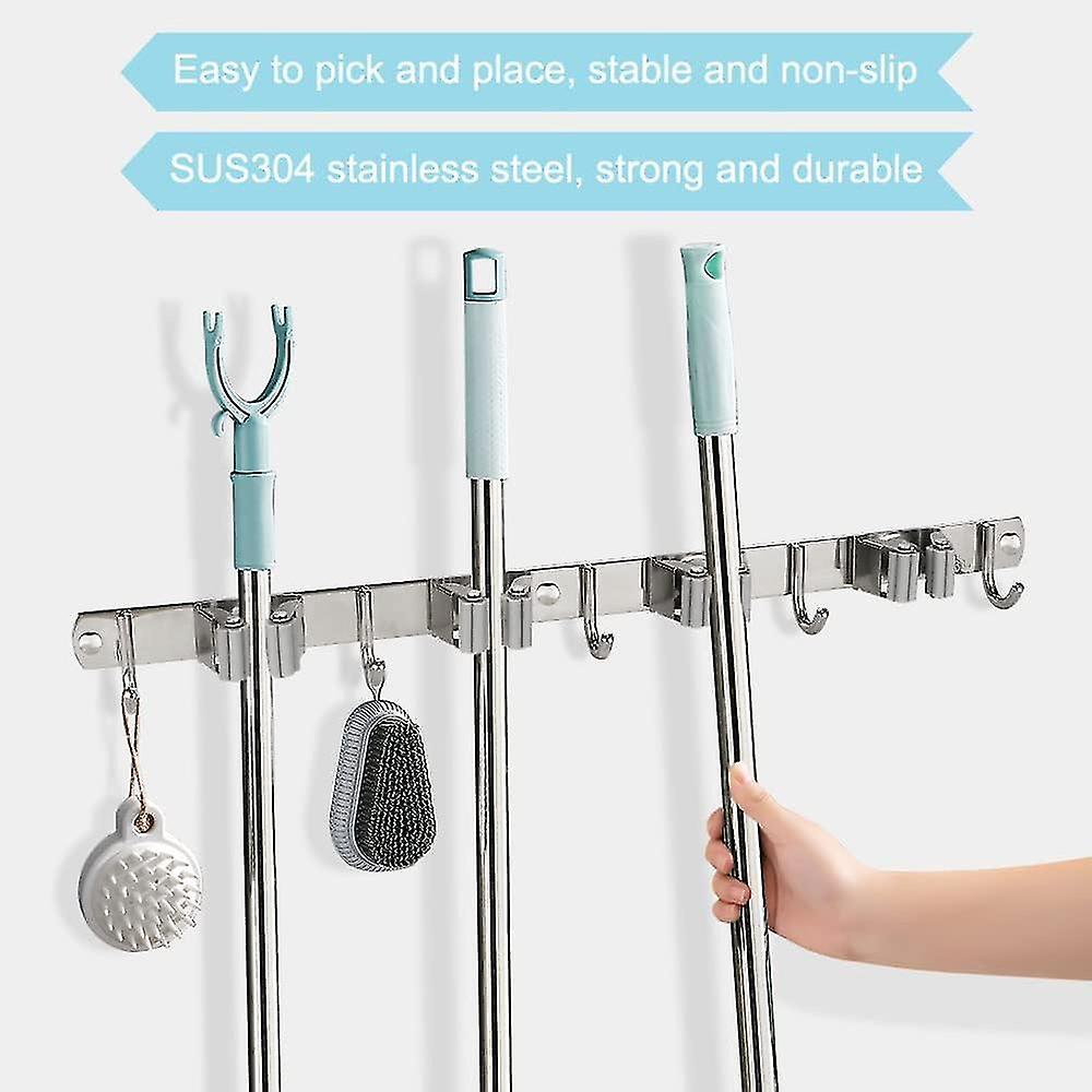 Wall Mounted Broom Holder With 5 Hooks And 4 Slots, Stainless Steel ...