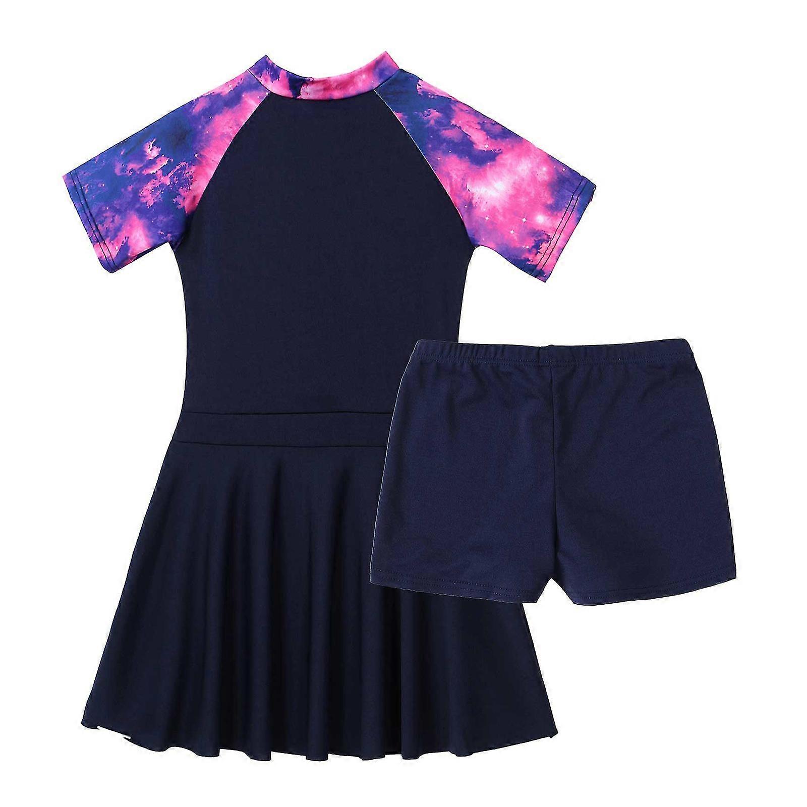 Purple Kids Girls Swimsuit Mock Neck Short Sleeves Tie Dye Print Zipper ...
