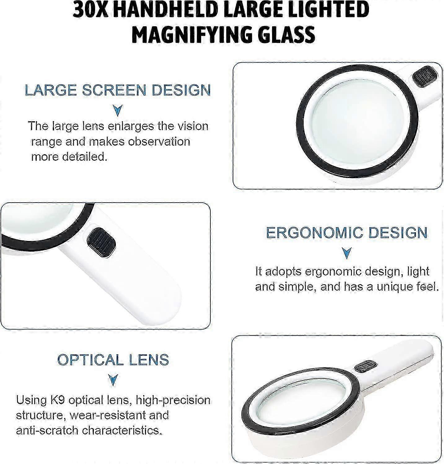 Reading Magnifier, 30x Magnification with 12 LED Lights - Lighted ...