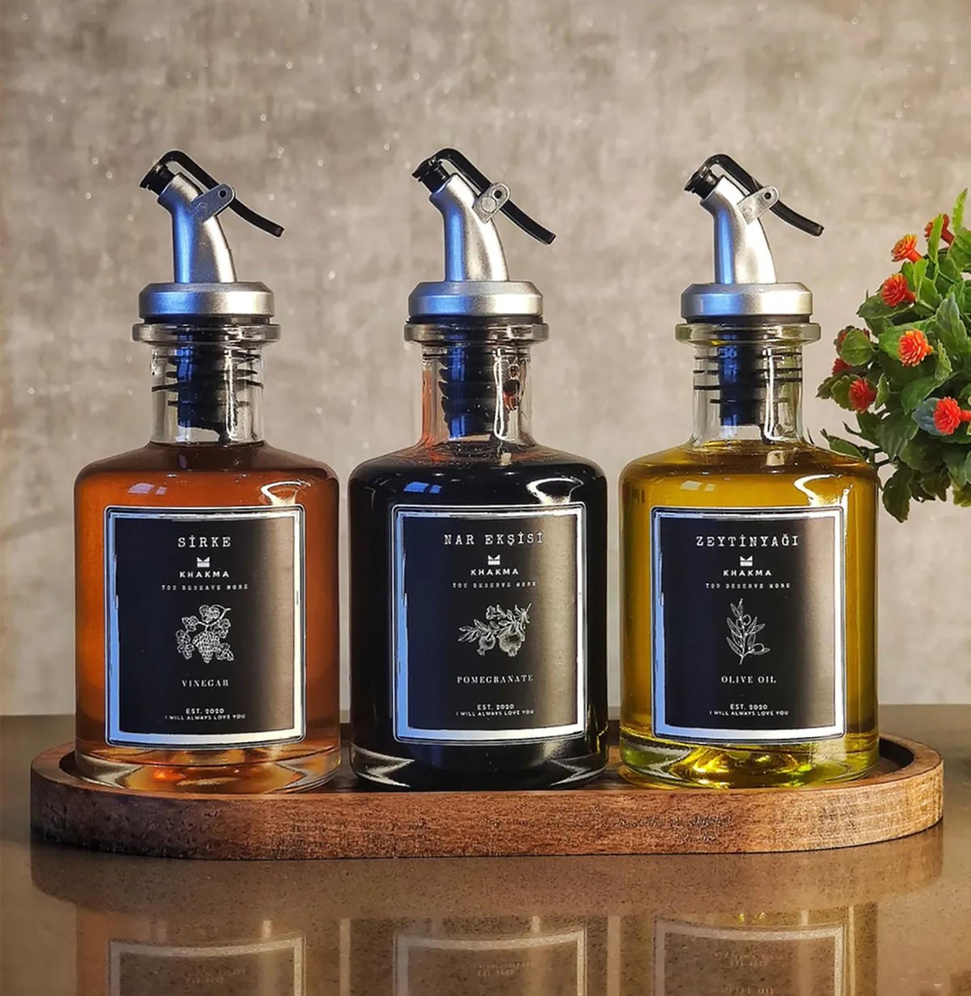 Oil-Vinegar-Sauce Cruet in Clear Glass Dispensers with Wooden Stand Set ...