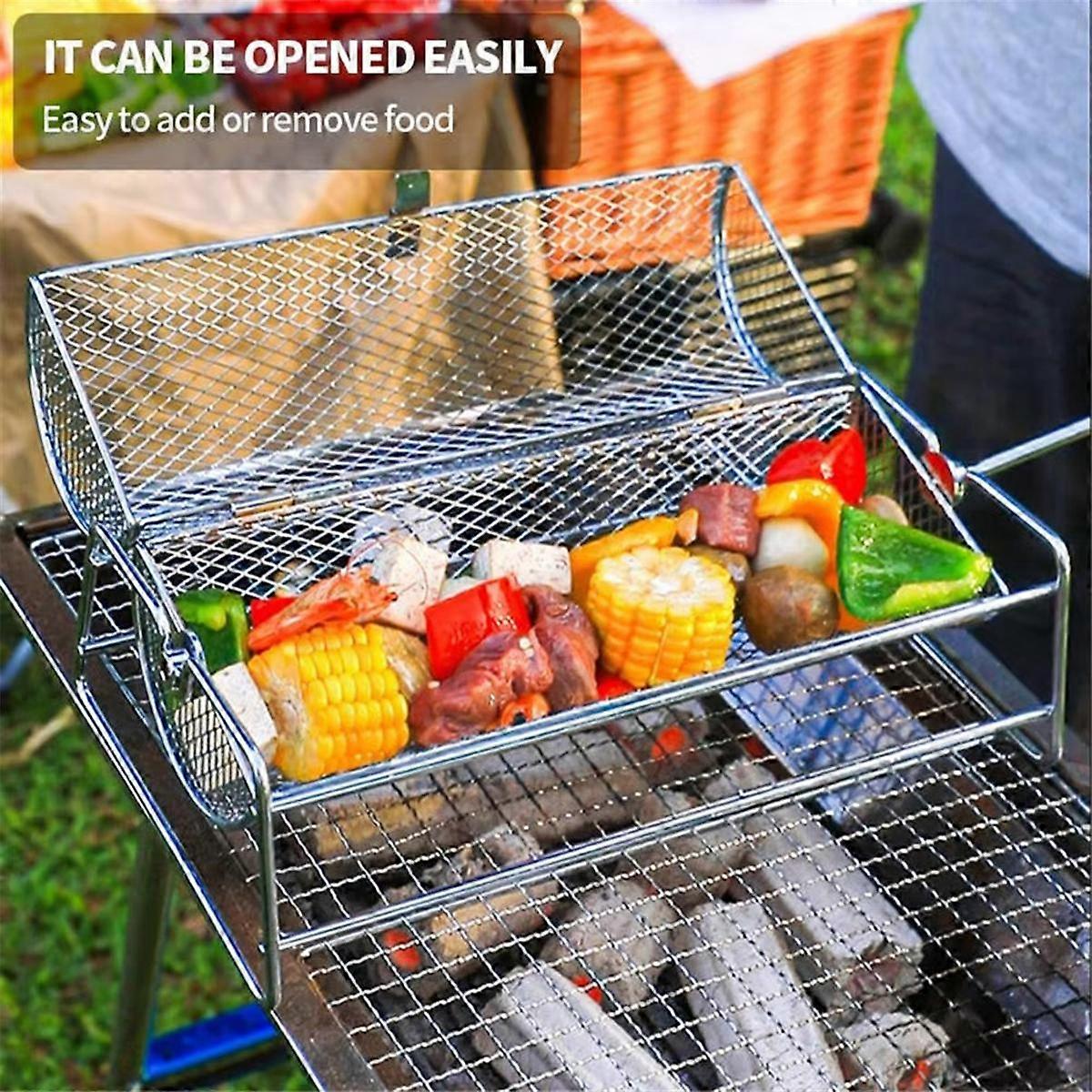 Stainless Steel BBQ Grill Basket Rotisserie Rolling Mesh Cage for ...