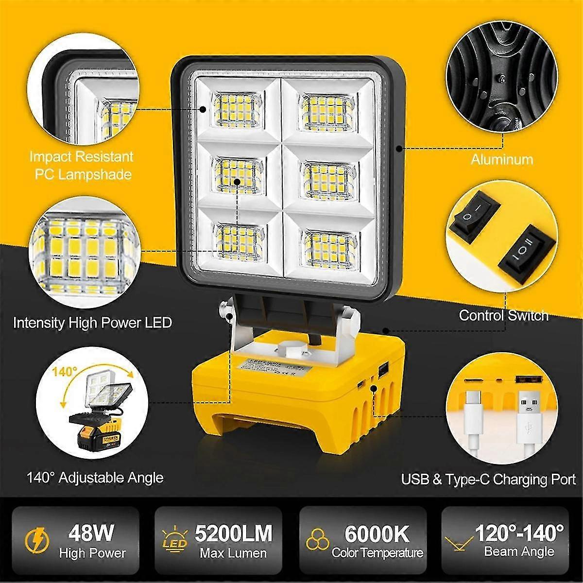 5200LM Portable 48W LED Work Light Cordless Work Light Adjustable Base ...