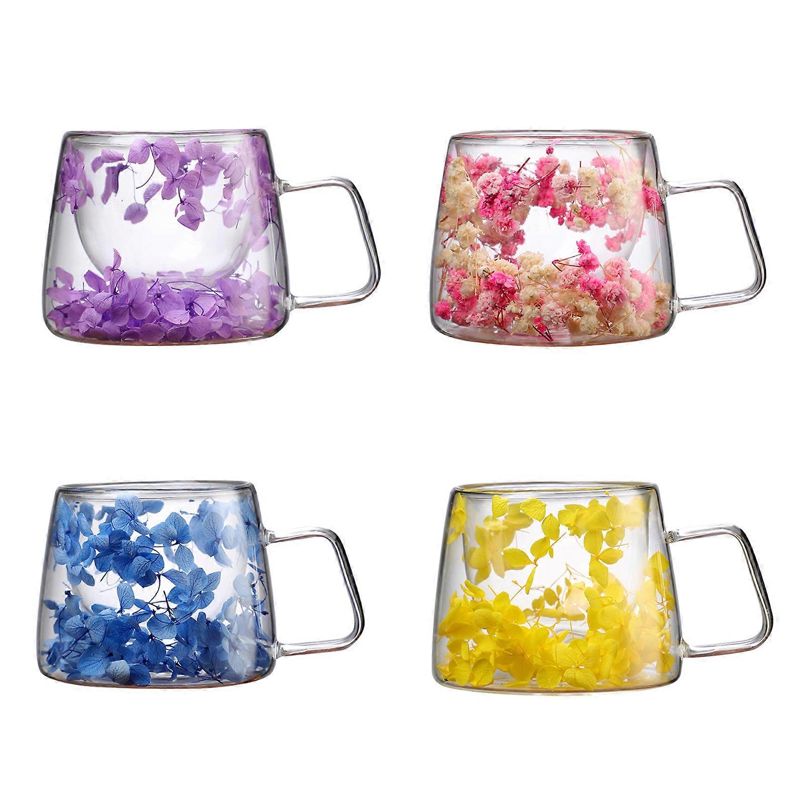 200ml Floral Glass Mug Real Flower Coffee Cup Double Wall Clear Mug ...