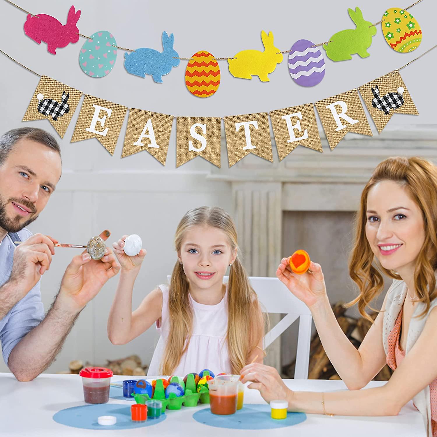 2 Pcs Easter Burlap Banner, Easter Bunny Bunting Garland, Colorful ...