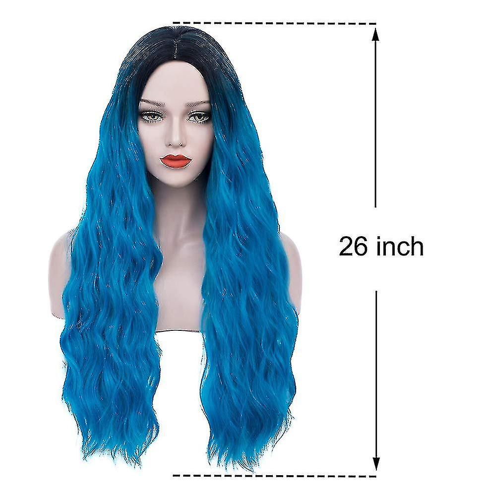 Women's Blue Wig Long Blue Curly Wavy Hair Wig Natural Cute Pastel ...