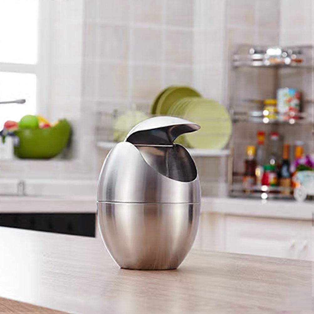 Stainless Steel Trash Can Egg Shape Trash Bin Tabletop Garage Container ...