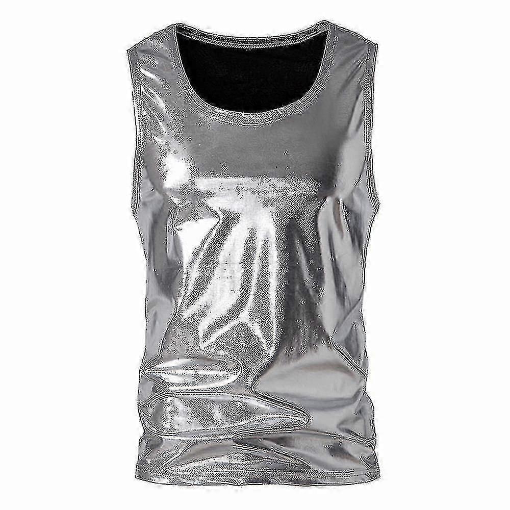 Men U-neck Sparkle Sleeveless Shiny 70s 80s Disco Party Vest Tank Tops ...