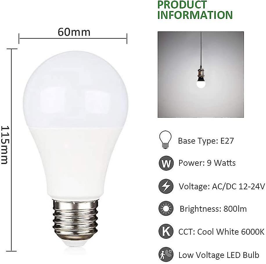 12v E27 Led 9w Cool White 6000k - Halogen Equivalent 75w - Ac/dc 12v ...