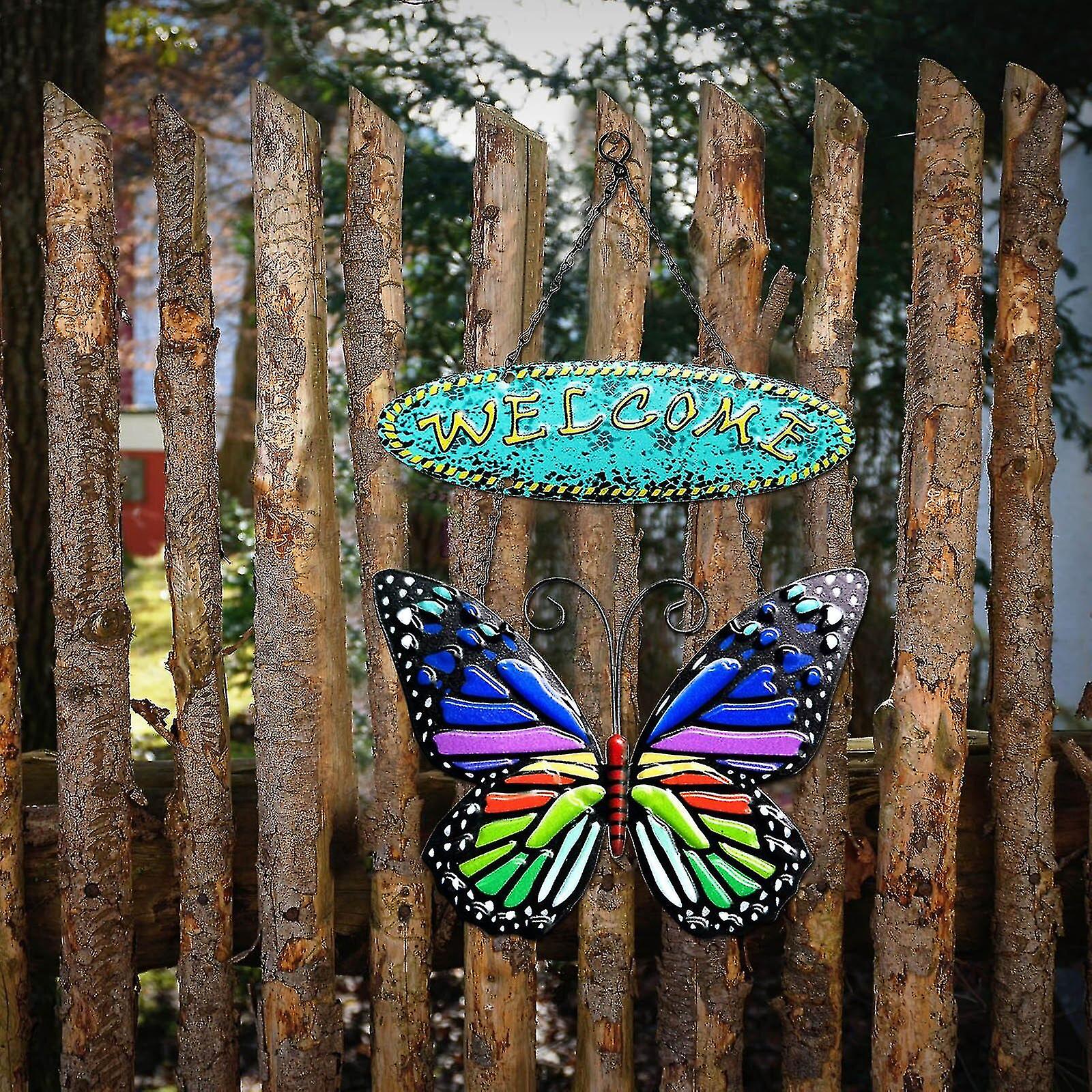 Butterfly Welcome Sign For Front Door Metal Hanging Garden Ornaments ...