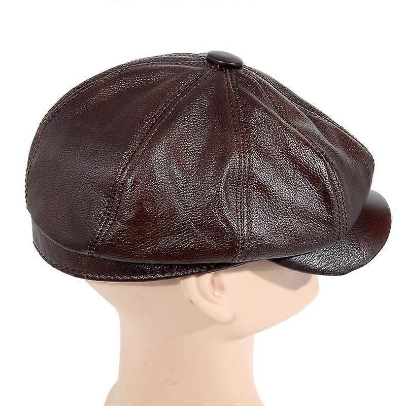 MIMIGO Men Cowhide Newsboy Cap - Brown Genuine Leather Octagonal Hat ...